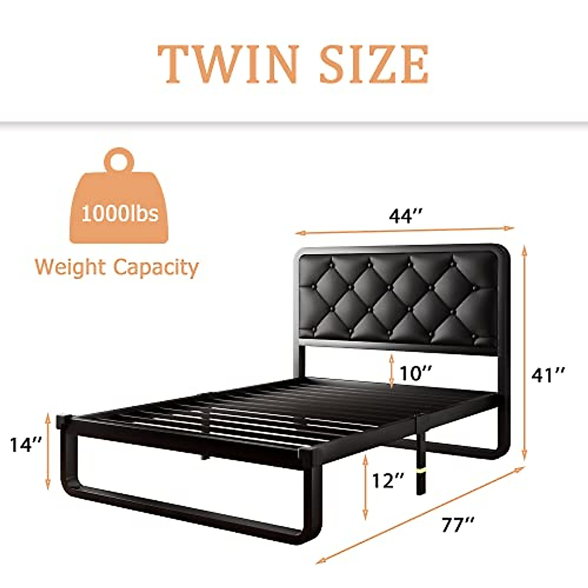 iPormis Twin Size Metal Bed Frame with Faux Leather Headboard, Curved Platform Bed Frame, Thicker Metal Steel Slats Support, 12'' Under-Bed Space, Noise-Free, Easy Assembly, Black