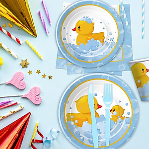 APOWBLS Rubber Duck Decorations Tableware - Duck Party Supplies For Baby Shower Birthday, Paper Plate, Napkin, Tablecloth, Fork, Bubble Bath Rubber Duck Party Decorations Dinnerware | Serve 24