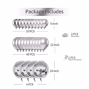 Janinus Metallic Silver Balloons Chrome Balloons Silver Balloons Different Sizes 18/12/5 Inch Silver Balloons Garland Kit Silver 4D Foil Balloons For Birthday Baby Shower Anniversary Party