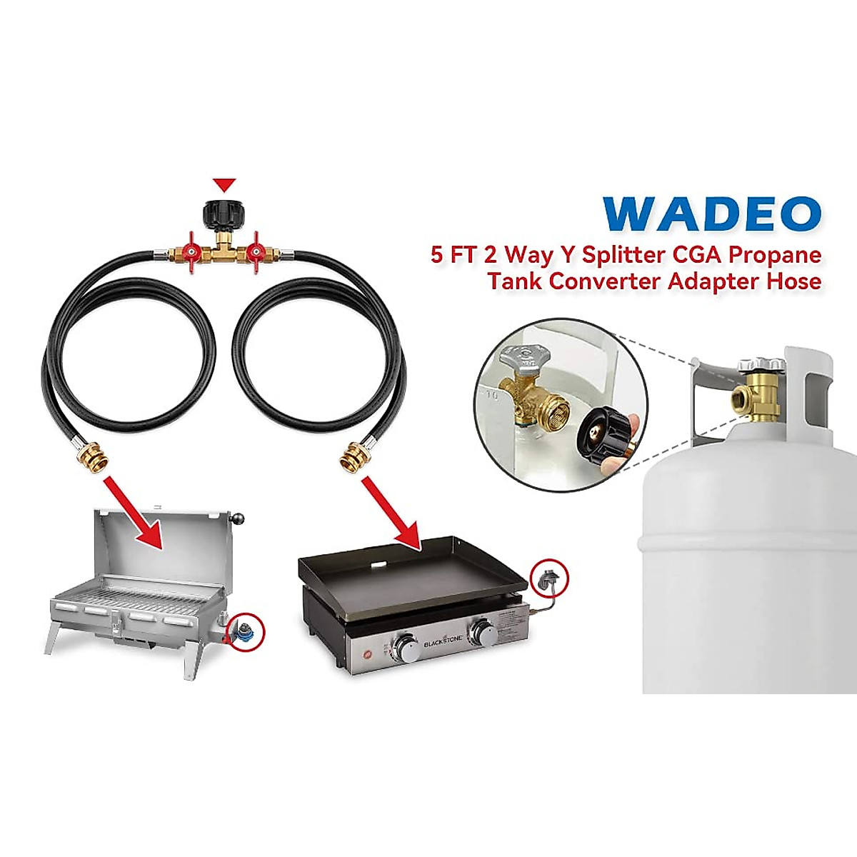 WADEO 5 FT Propane Splitter Hose, Propane Y Splitter 2 Way with Shut Off Valve, Propane Hose Adapter 1lb Portable Appliance to QCC1/Type1 20lb Propane Tank for Gas Grill, Heater, Fire Pit, 350PSI