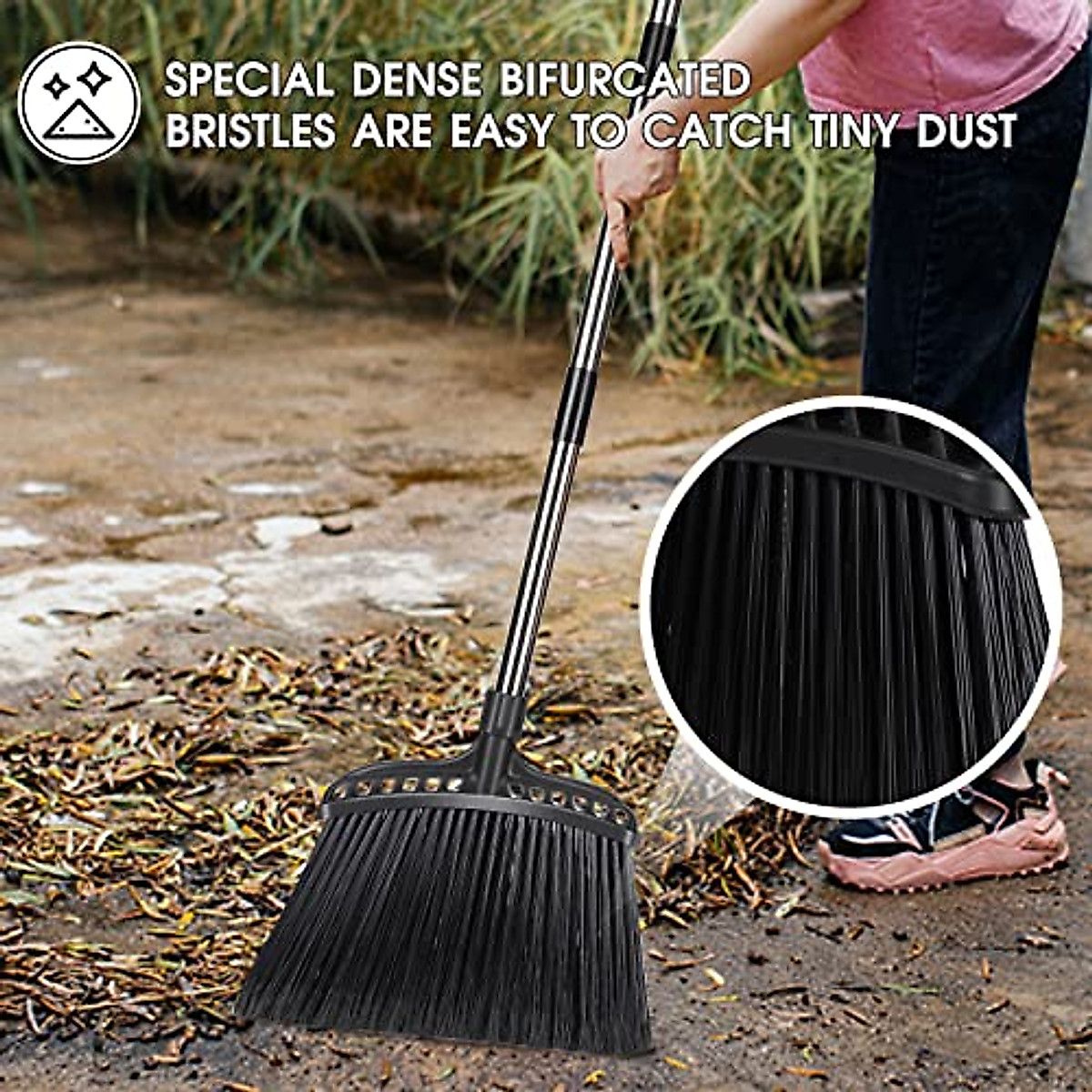 Kphico Heavy Duty Broom,Outdoor/Indoor Commercial Broom,Household Angle Broom with 56" Extendable Long Handle,Perfect for Courtyard Garage Lobby Mall Home Kitchen Room Office Floor Cleaning-Black