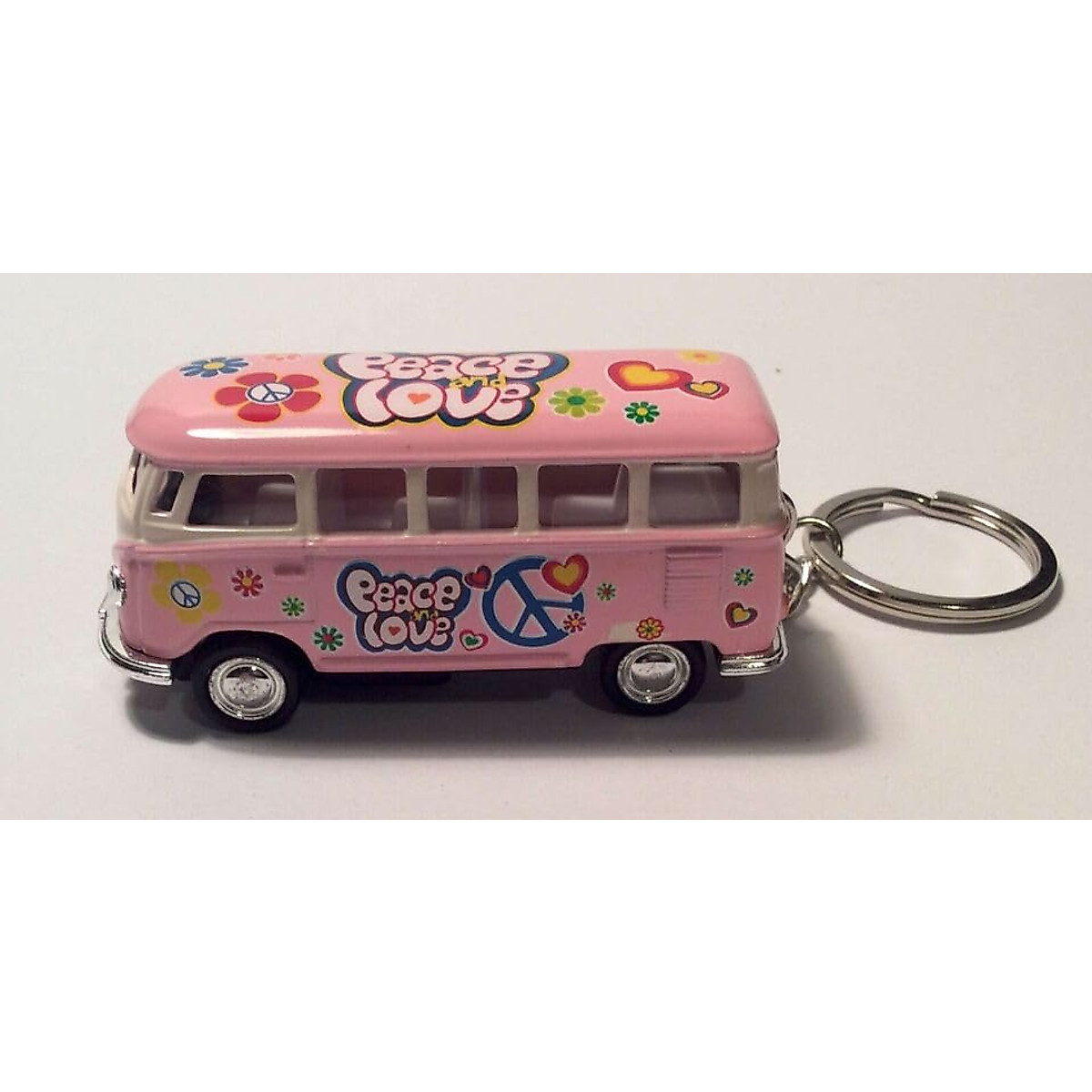 KiNSMART 1962 Volkswagen Classic Hippie Love & Peace Bus 1:64 Scale 2.5 Inch Die Cast Metal Model Key Chain, Pullback Action, Pastel Pink