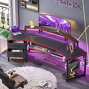 SEDETA 79" Gaming Desk, Computer Desk with 2 Fabric Drawers & LED Light, L Shaped Gaming Desk with Storage Shelf for Home Office, Carbon Fiber Black&Red