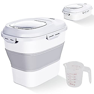 Cereal Rice Food Storage Containers, Collapsible 20 to 50 Lbs Dispenser Bin with Rolling Wheel Airtight Locking Lid, Dog Pet Cat Flour Sugar Plastic Leakproof Sealable Large Kitchen Pantry Holder