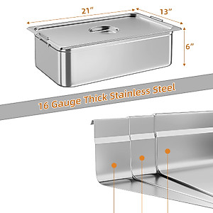 Full Size Steam Table Pans with Handle & Lid, 6-Pack 6 Inch Deep Restaurant Steam Table Pans Commercial, Anti-Jamming Hotel Pan Stainless Steel