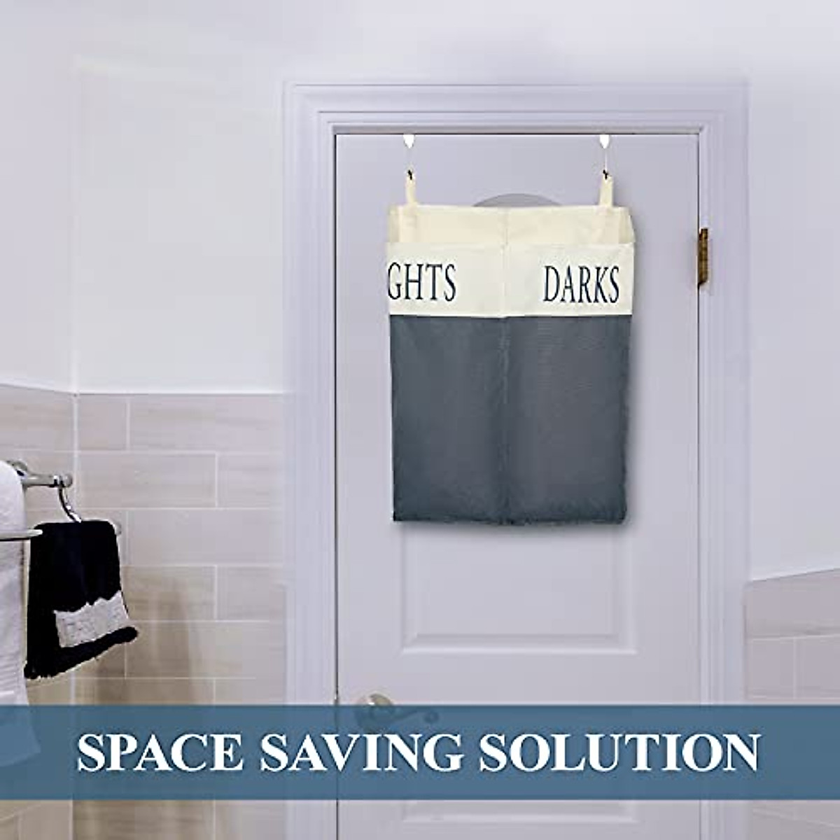 The Fine Living Co. X-Large Two Compartments Hanging Laundry Hamper with Over Door Hooks, Durable Space Saving Laundry Bag Storage with Bottom Zipper, Wide Open Top Dark/Light Compartment(25"x10"x31")