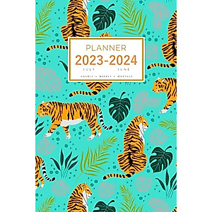 Planner July 2023-2024 June: 6x9 Medium Notebook Organizer with Hourly Time Slots | Tiger Tropical Leaf Design Turquoise