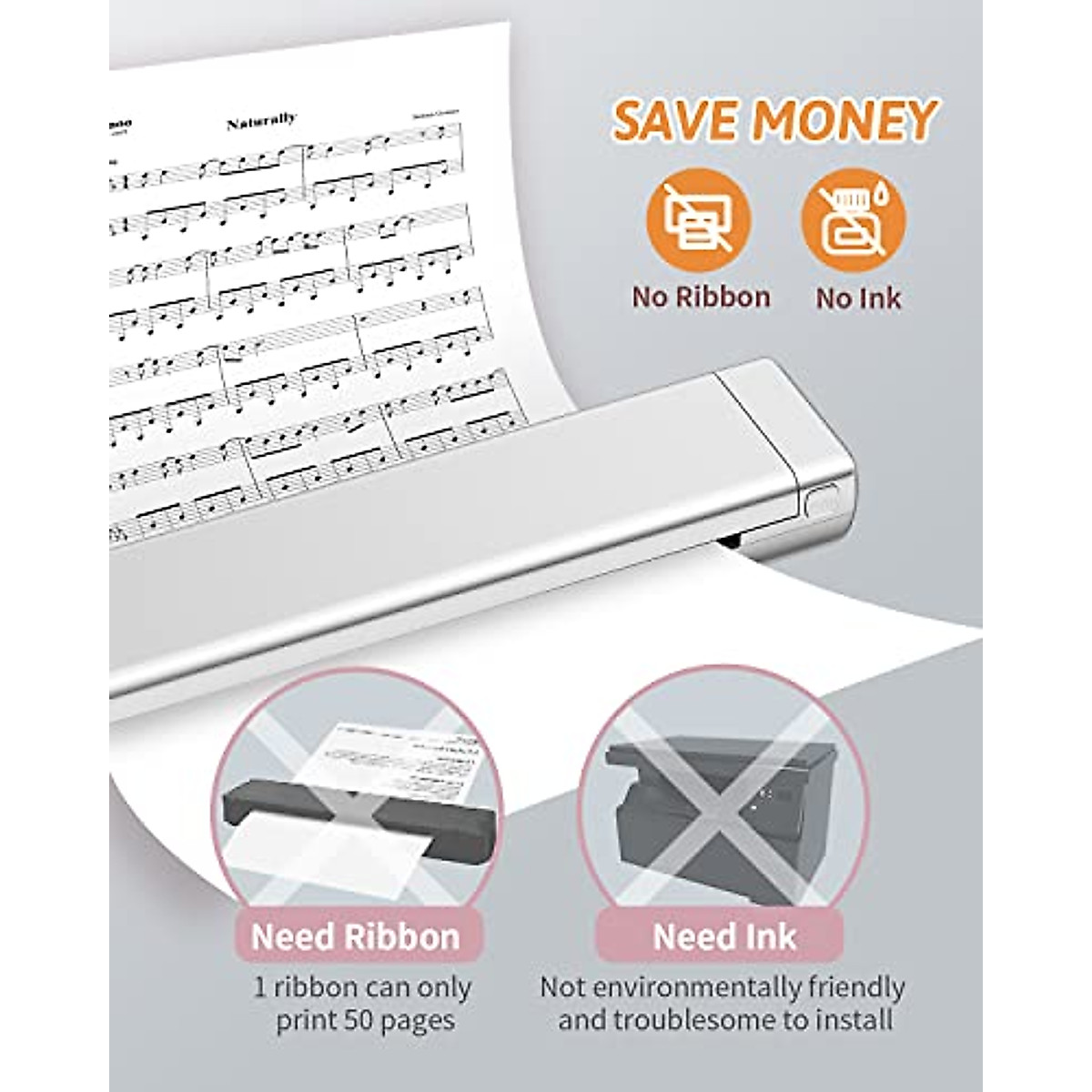 Odaro M08F Letter Portable Printer Wireless for Travel, Bluetooth Thermal Printer Inkless, Small Compact Printer Support 8.5" X 11" Letter Size Thermal Paper, Work with Laptop Phone and Pad - Silver