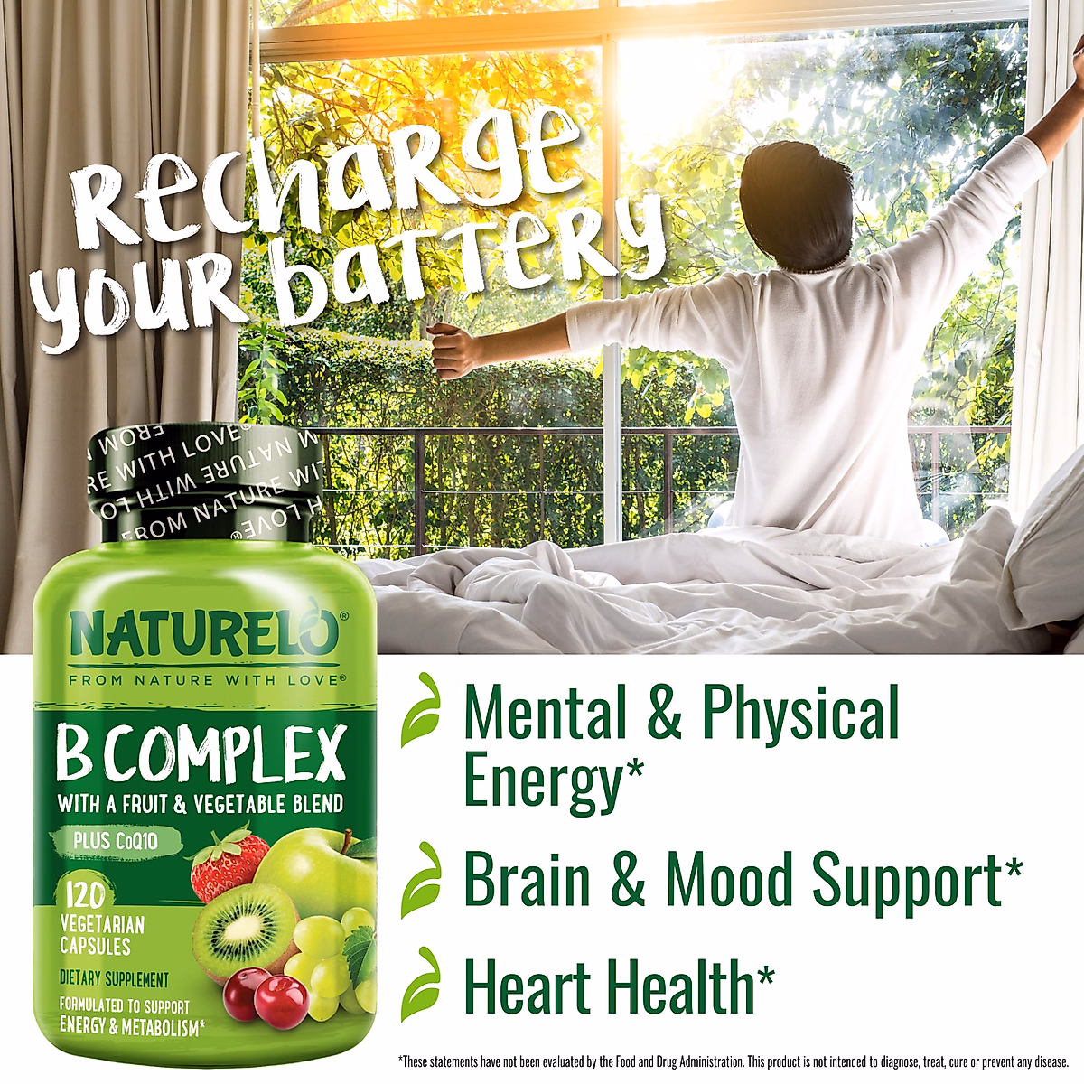 NATURELO Vitamin B Complex with Methyl B12, Methyl Folate, Vitamin B6, Biotin Plus Choline, CoQ10, and Fruit & Vegetable Blend - Supports Energy & Healthy Stress Response - Vegan - 120 Capsules