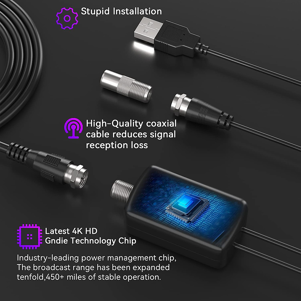 TV Antenna, 2023 Newest HDTV Indoor Digital TV Antenna 450 Miles Range with Amplifier Signal Booster 4K HD Free Local Channels Support All Television - 15ft High Performance Coax Cable (Black)