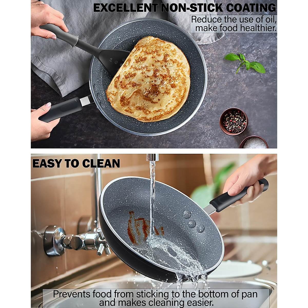Cook N Home 8"/10"/12" 3 Pieces Frying Saute Pan Set with Non-stick Coating and Induction Compatible bottom, Black