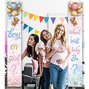 Gender Reveal Decoration-Baby Bear Boy or Girl Porch Sign Banner,Pink Blue Bear Balloon Baby Shower Door Hanging Banner for Boy Girl Gender Reveal Supplies