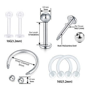 LAURITAMI 16G Cartilage Helix Tragus Stud Earring Twist Spiral Barbell Lip Rings Labret Stud Horseshoe Piercing Twisted Eyebrow Rings Piercing for Women Men Jewelry