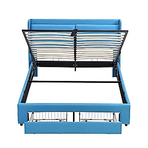 BOVZA Queen Size Lift up Storage Upholstered Platform Bed with 2 Drawers, Modern Wingback Headboard, Hydraulic Storage Bed Frame, Linen Blue