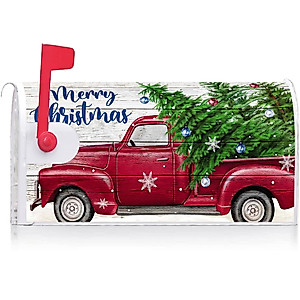 Texupday Merry Christmas Red Truck Pine Tree Decoration Mailbox Cover With Magnetic Strip Winter Snowy Holiday Mailbox Wraps Post Letter Box Cover Standard Size 21" X 18" for Garden Outdoor Yard Decor
