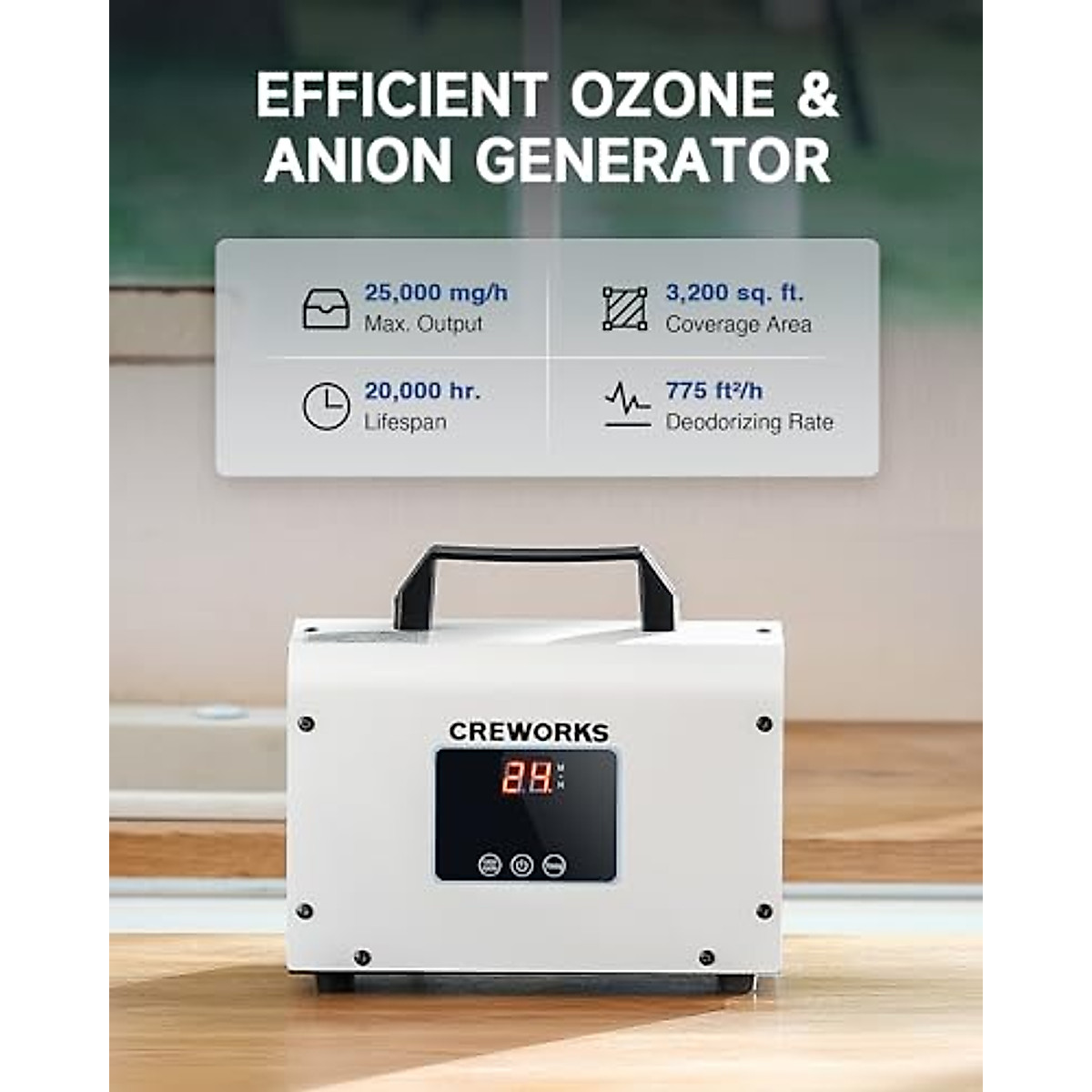 CREWORKS Digital Ozone Generator, 25000 mg/h High Capacity Ozone Machine for Car Home Smoke Pet Odor Removal, Commercial Ozone Odor Eliminator Air Purifier with Adjustable Settings for 3200 sq ft Room