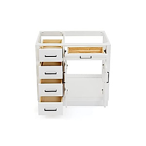 ARIEL Hepburn Bathroom Vanity Base Cabinet 36" White, Right Offset Sink Configuration, 2 Soft Closing Doors, 5 Full Extension Dovetail Drawers, Toe Kick, Matte Black
