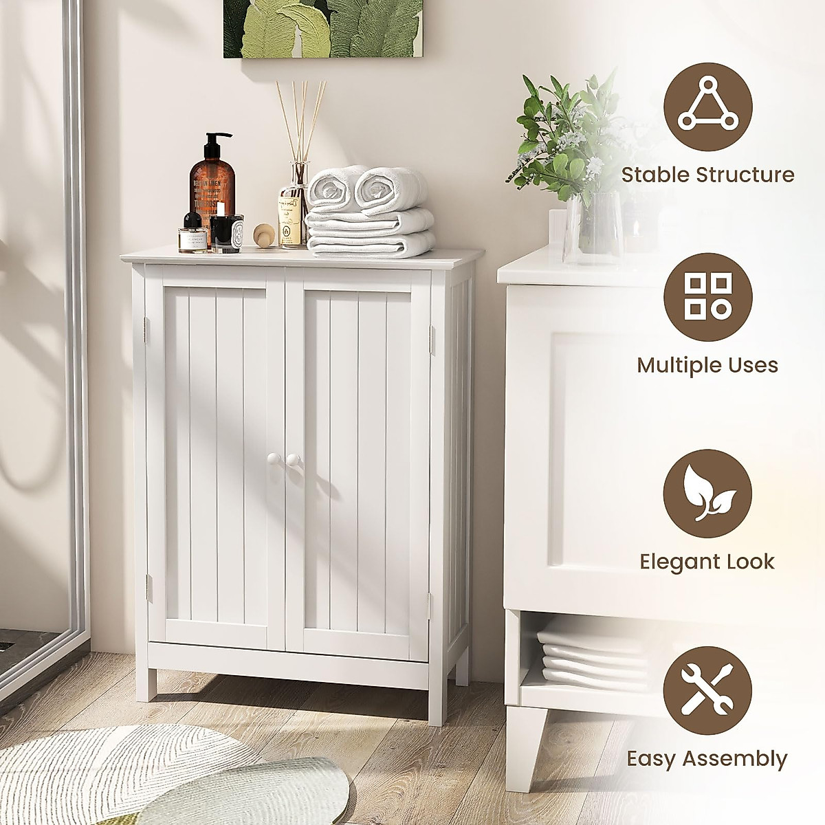 COSTWAY Bathroom Storage Cabinet, Freestanding Bathroom Organizers and Storage with Doors & Adjustable Shelf, Wooden Floor Cabinet for Home, Living Room, Entryway, Kitchen (White)