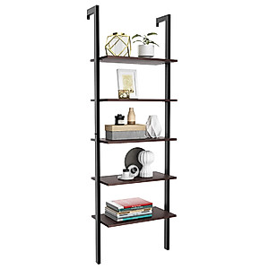 Tangkula Industrial Ladder Shelf Against The Wall, 5-Tier Ladder Bookshelf w/Metal Frame, 72 Inches Open Bookcase Plant Flower Stand Display Storage Rack for Home Office