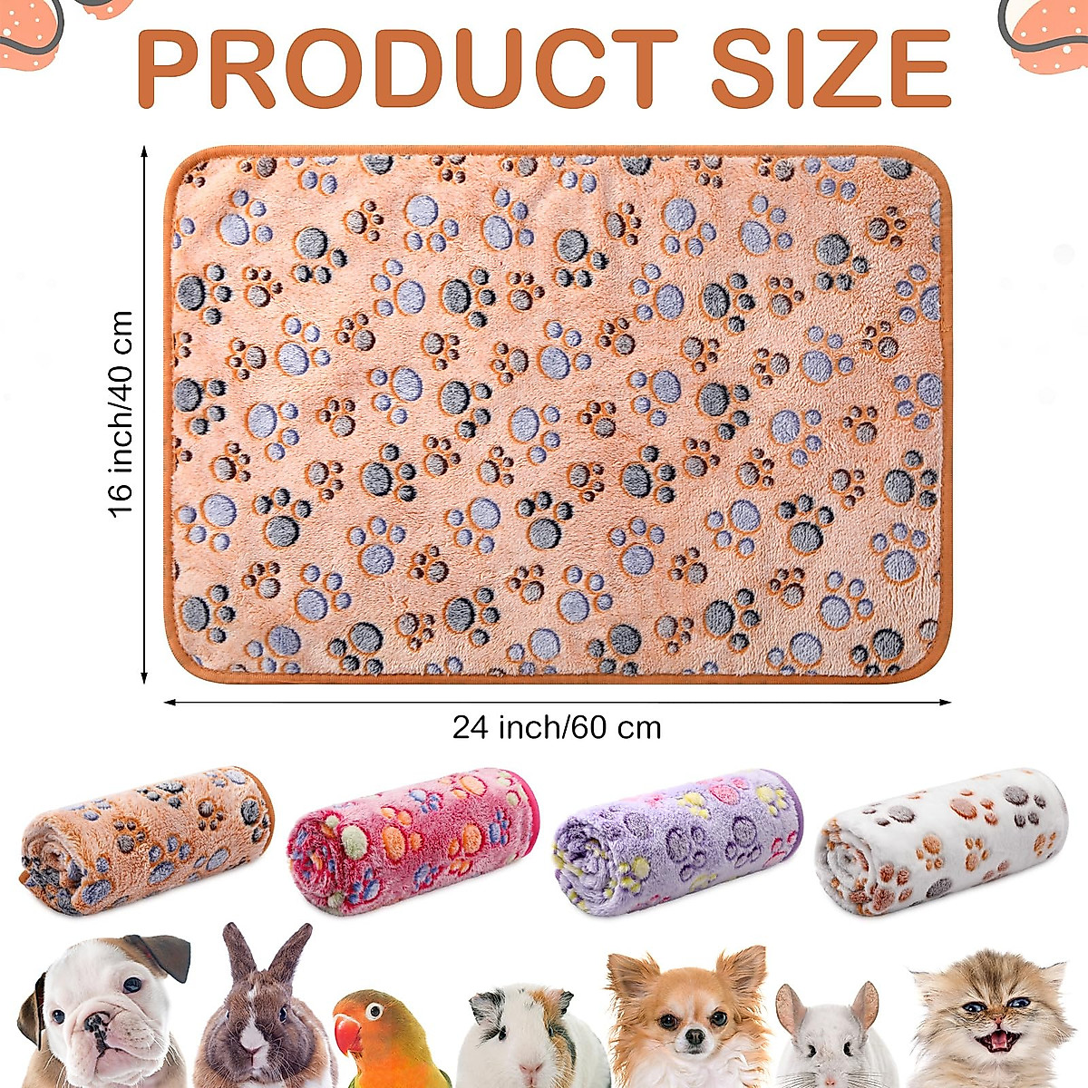 Tudomro 8 Pcs Guinea Pig Bedding Cage Liners Bulk Waterproof Blankets Small Animal Flannel Throw Bedding Absorbent Reusable Pet Pee Sleep Mat Pad Cover for Hamster Ferret (Paw,16 x 24 Inch)