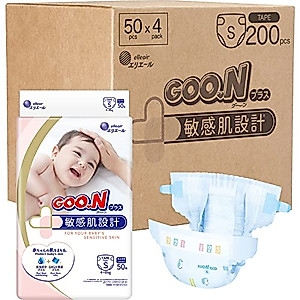 GOO.N Plus+ Diapers S Size (up to 18 lb) Unisex 4-Pack 50 Count Tape Straps Sensitive Skin, Made in Japan