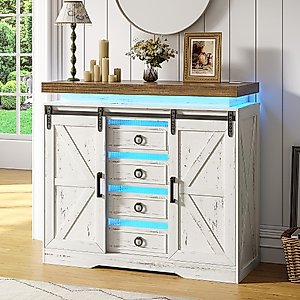 TAGELIER Farmhouse Dresser Chests for Bedroom with 4 Drawers & Sliding Barn Doors, 47" Tall Chest of Drawers with Hidden Storage, TV Stand or Living Room, Kitchen, White