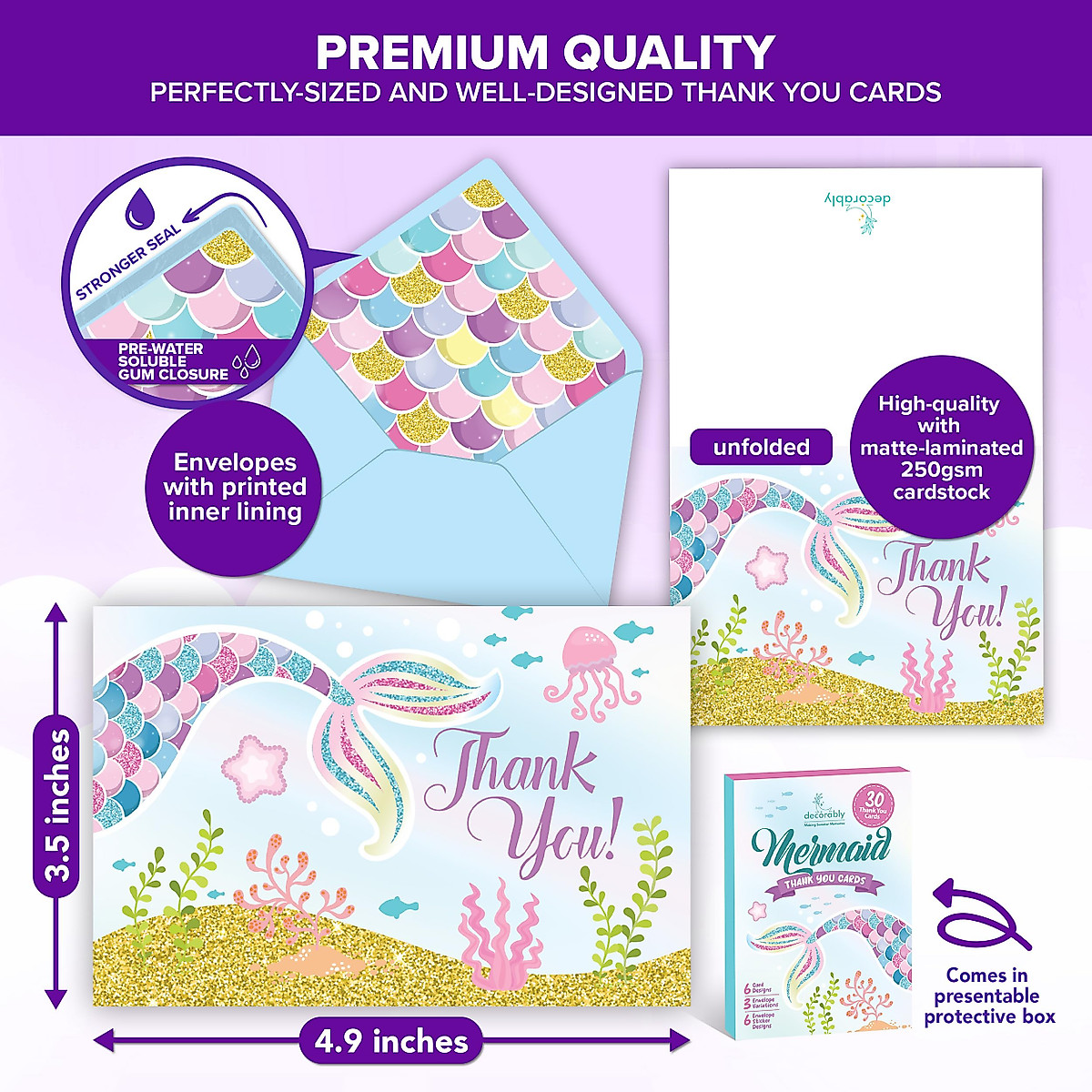 Decorably 30 Pack Glittery 4.9x3.5in Mermaid Thank You Cards with Envelopes and Stickers, 6 Sparkly Designs, Blank Inside, Baby Shower, Weddings, Birthdays