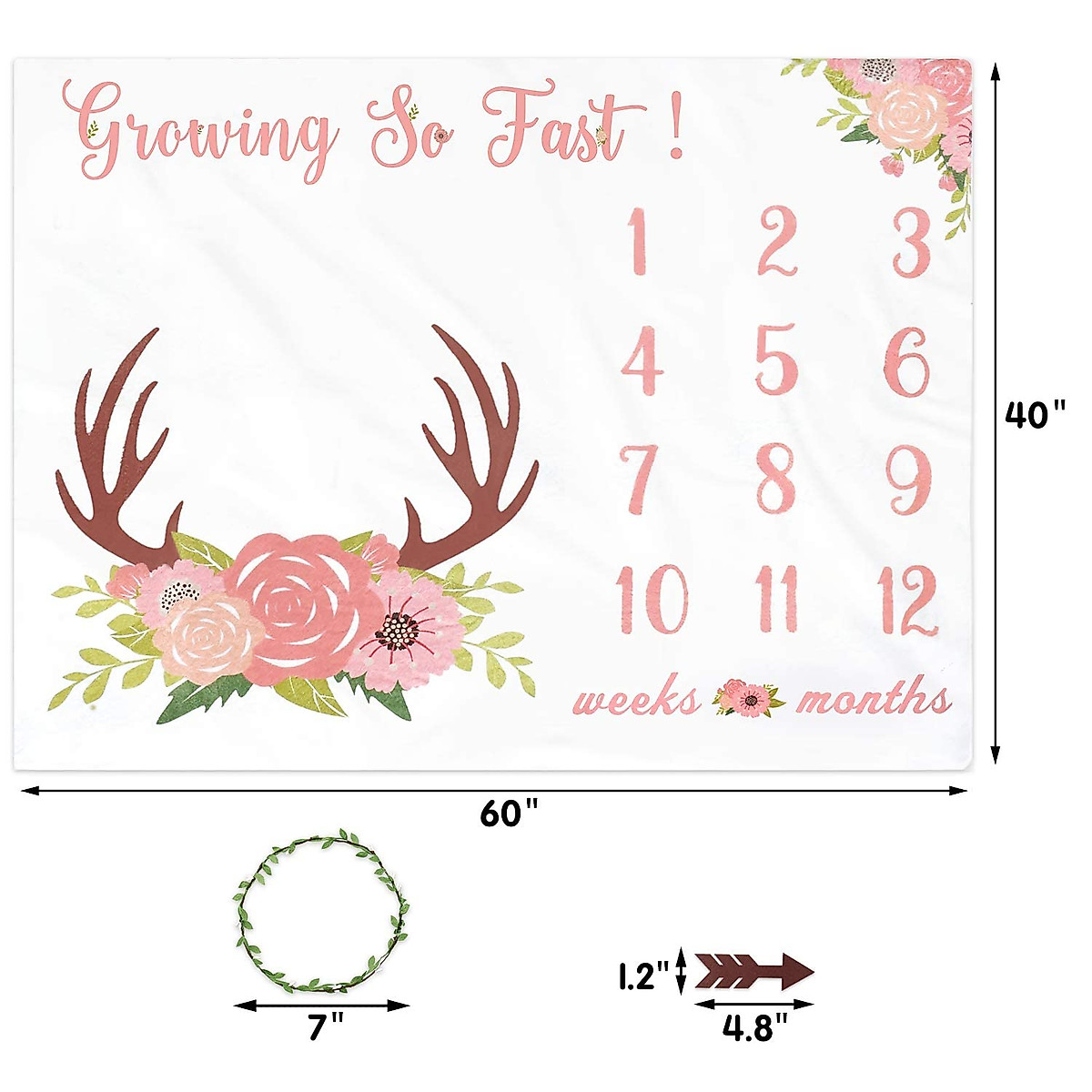 Eunikroko Baby Monthly Milestone Blanket for Girls Fleece Blankets Floral Deer Antler for Watch Me Grow Photography Background Weeks Months with Props for Newborn Infants Shower Gift