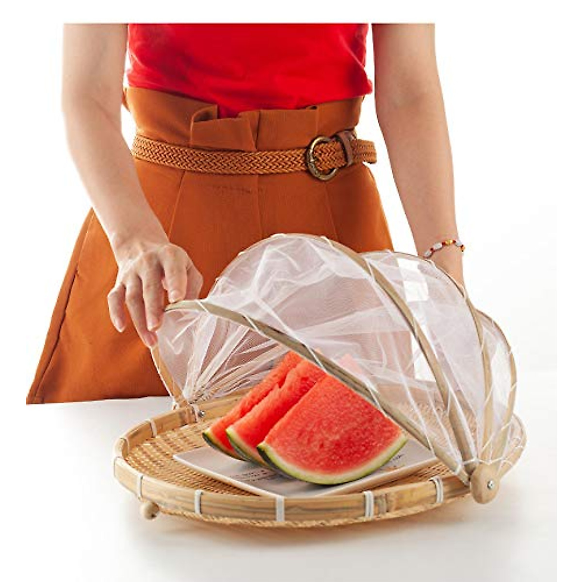 BAUHUS Round Bamboo Serving Food Tent Basket Picnic Basket Fruit Basket with net Cover Insect Proof, S
