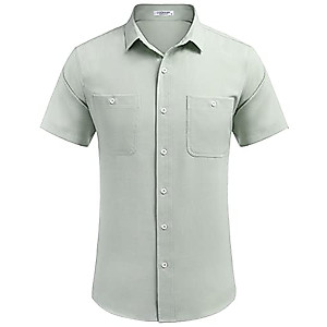 COOFANDY Men's Linen Shirts Casual Beach Button Down Short Sleeve Shirt Summer Light Green