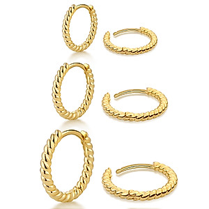 micuco 3 Pairs Small Hoop Earrings for Women 14K Gold Plated Huggie Hoop Earrings Hypoallergenic Twisted Mini Hoop Earrings