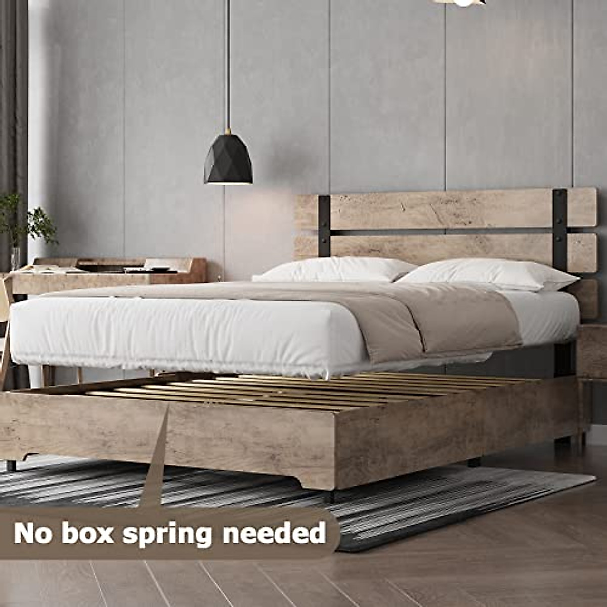 Queen Bed Frame with 4 Storage Drawers, Rustic Wooden Headboard and Footboard Platform Bed Frame with Strong Wood Slats and 9 Metal Legs Support, No Box Spring Needed, Easy Assembly, Wood-grain Brown