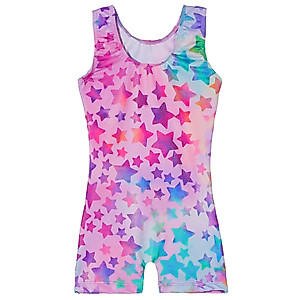 TENVDA Gymnastics Leotards for Girls 7-8 Years Old Sparkly Hotpink Stars Print Tank Biketard with Shorts Kids Unitard