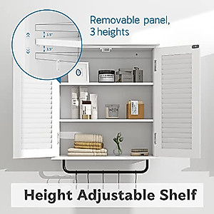 TaoHFE Bathroom Cabinet Wall Mounted White Designer Bathroom Wall Cabinet Medicine Cabinet with Double Shutter Doors 3 Tier Adjustable Shelf with Towel Rack Over The Toilet Storage Cabinet Laundry