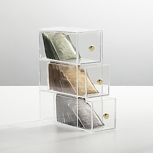 mDesign Plastic Kitchen Pantry Stackable Storage Organizer Container Station with 3 Drawers for Cabinet, Countertop, Holds Coffee, Tea, Sugar Packets, Creamers, Drink Pods, Packets - Clear/Soft Brass