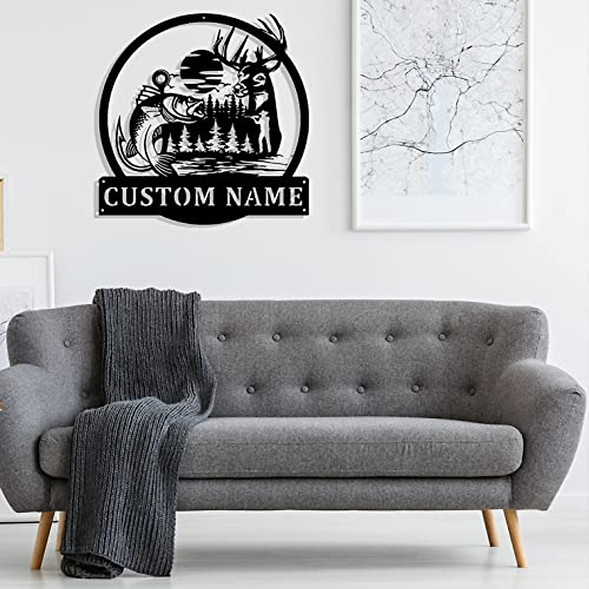 Custom Deer Fish Metal Sign, Personalized Deer Fish Sign, Customized Name Deer Hunting Metal Signs, Sun Forest Deer Metal Wall Art Home Wall Decor Sign, Personalized Gifts for Hunter Men