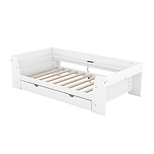 Harper & Bright Designs Twin Size Daybed with 2 Storage Drawers and Charging Station, Wood Twin Platform Bed Frame with USB Ports and Shelves, Twin Storage Bed for Kids Boys Girls Teens Adults,White