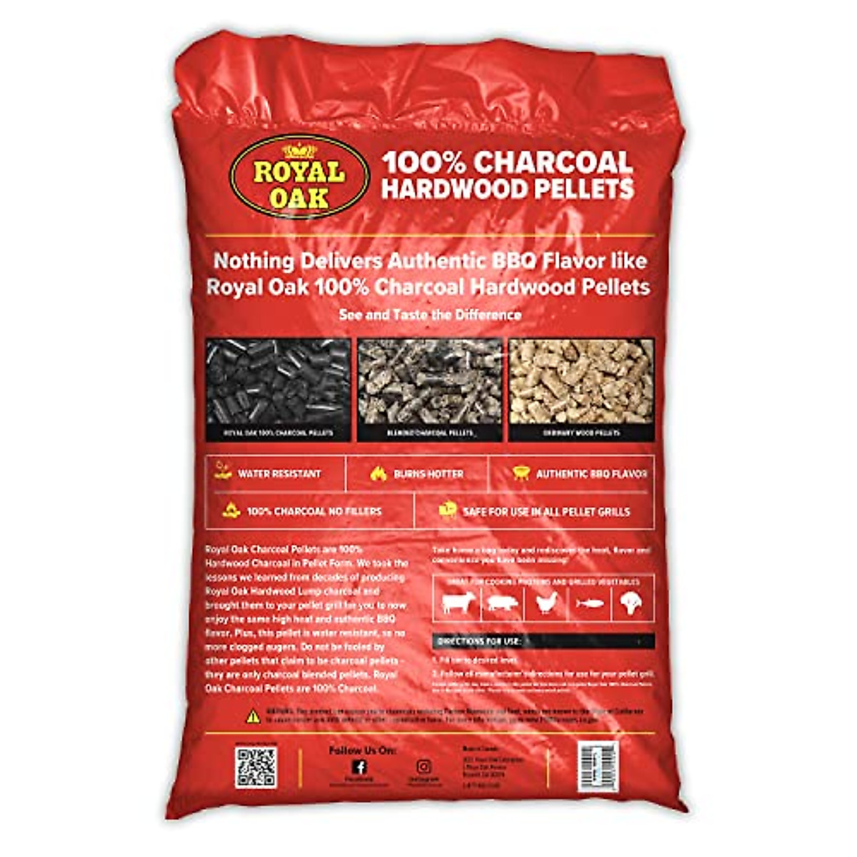 Royal Oak 100 Percent Hardwood Charcoal Pellets for Real BBQ Flavor, Grilling and Smoking, High Heat, Resists Water, Easy to Clean, 30 Pound Bag, Black