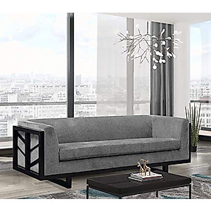 Iconic Home Arianna Sofa Linen-Textured Upholstery Espresso Finished Lattice Wood Frame, Modern Transitional, Grey