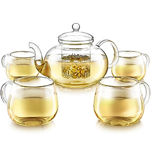 Teabloom Heatproof Glass Teapot Set with Removable Loose Tea Infuser (Standard Size: 32oz/946ml) and Four Borosilicate Glass Teacups (7oz/207ml) - Lead-free Blossoms Glass Tea Set