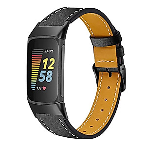 Mtozon Leather Bands Compatible with Fitbit Charge 5, Replacement Genuine Leather Straps for Women Men, Black
