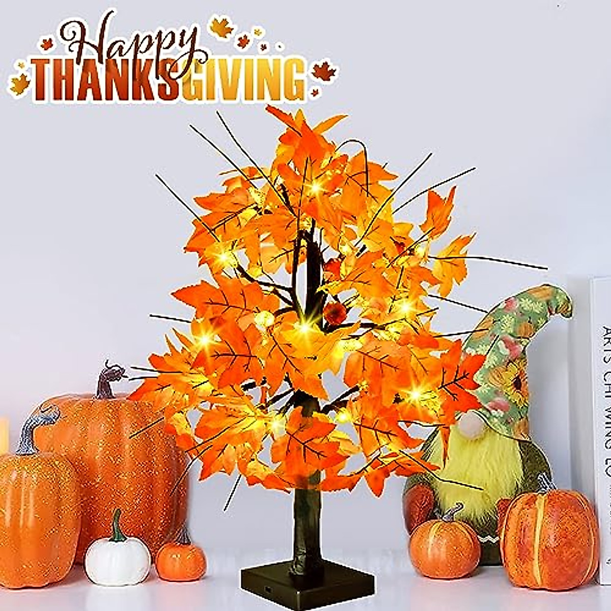 [ 2 Pack & Timer ] 24 Inch Lighted Maple Tree Fall Decorations with 48 LEDs Timer Battery Operated Artificial Autumn Tabletop Tree for Thanksgiving Harvest Indoor Home Decor