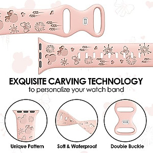 Seizehe 3 Pack Cartoon Engraved Bands Compatible with Apple Watch Band 38mm 40mm 41mm 42mm 44mm 45mm Women, Soft Silicone Sport Strap Cute Wristband for iWatch Series 9/8/7/6/5/4/3/SE