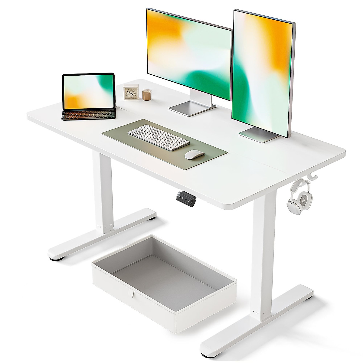 FEZIBO 48 x 24 Inches Standing Desk with Drawer, Adjustable Height Electric Stand up Desk with Storage, Sit Stand Home Office Desk, Ergonomic Computer Desk, White