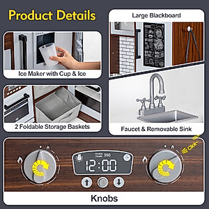 BRINJOY Corner Play Kitchen for Kids, Wooden Toddler Kitchen Playset w/Faucet, Sink, Microwave, Oven, Apron, Blackboard, Storage Cabinets, Pretend Cooking Toys w/Sound & Light Gift for Ages 3+