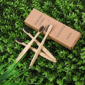 OBrush Bamboo Charcoal Toothbrush, Tooth Brush for Adult, Charcoal Bristles Bamboo Tooth Brush Biodegradable Handle with Medium Nylon Bristles ，Four Patterns，Set of 4