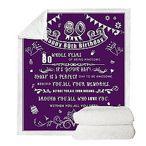 CYREKUD 80th Birthday Gifts for Women Blanket,Happy 80th Birthday Decorations for Women Men Throw Blanket,Grandma Birthday Gifts Purple Blanket for Couch Sofa Bedroom,Women Gifts for Birthday Decor