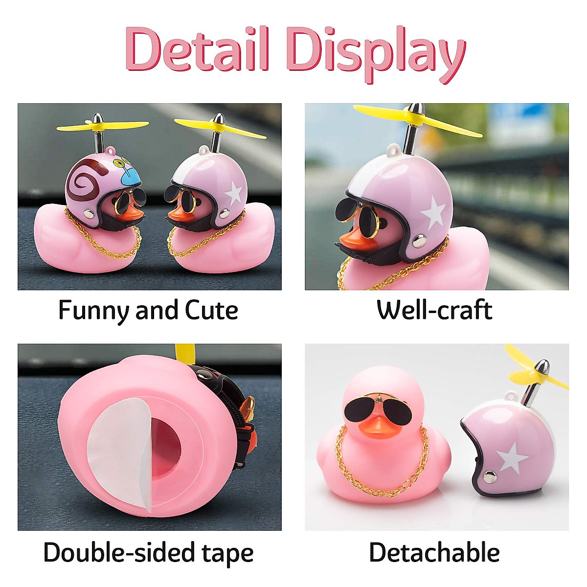 wonuu Pink Duck Car Dashboard Decorations Rubber Duck Car Ornaments Cool Duck with Propeller Helmet Sunglasses Gold Chain (Pink Hat White Star)