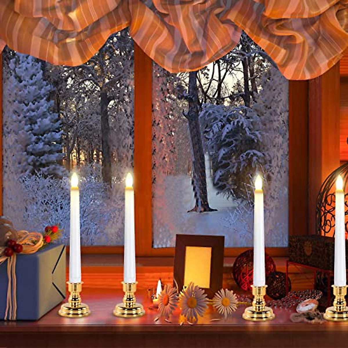 JOSU LED Window Candles, Christmas Flameless Window Candle Lights with Timer Battery Operated, 4 3D Wick Light Window Candle+4 Removable Gold Candle Holders+Remote, for Decor &Festival Celebration