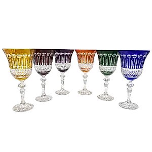 6 Red/White Wine Water Crystal Glasses - 6 Colors Assortments - Roemer Service Diamant (22cl) - Klein House - Company : Artisan du Cristal - Gift Set - Stamped : Klein 54120 Baccarat France